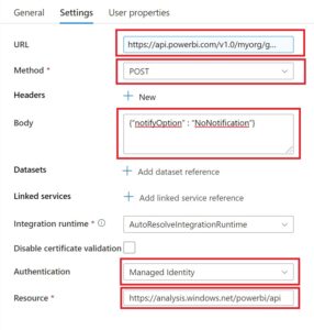 how to refresh power bi semantic models (former datasets) from data factory with managed identity.