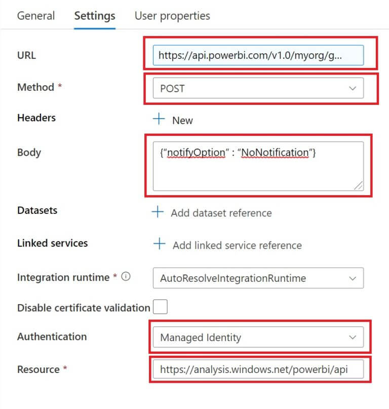 how to refresh power bi semantic models (former datasets) from data factory with managed identity.
